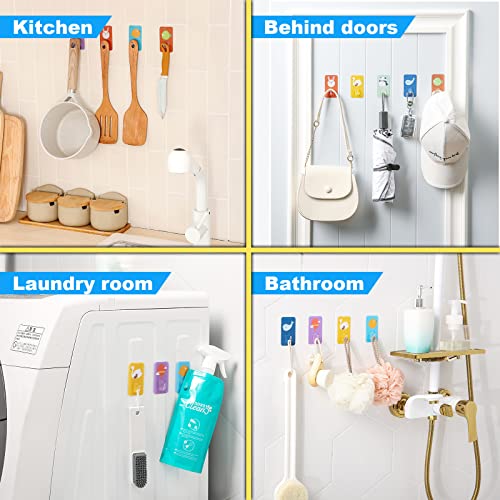 Hamoer Self-Adhesive Wall Hooks for Bathroom Kitchen Laundry Waterproof Non-Rust Color Pattern Home Improvement Sticky Hook 8Pack, Multicolor