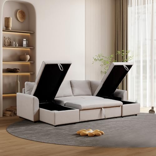 Eafurn Reversible Sleeper Sectional Sofa with Double Storage Chaise Lounge, U Shape Convertible Pull Out Couch Bed, 5 Seater Corner Sofabed Sofacama w/Throw Pillows for Living Room Office, Beige 113"