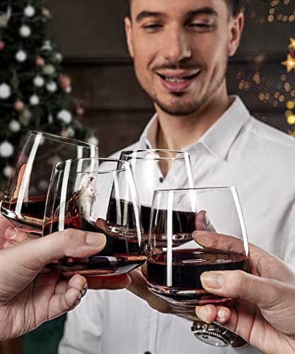 Stemless Wine Glasses Set of 4-13.5oz,Hand Blown Crystal Red White Wine Glasses - Unique gifts for him/her for wedding, birthday, Christmas, father's day, anniversary - clear.