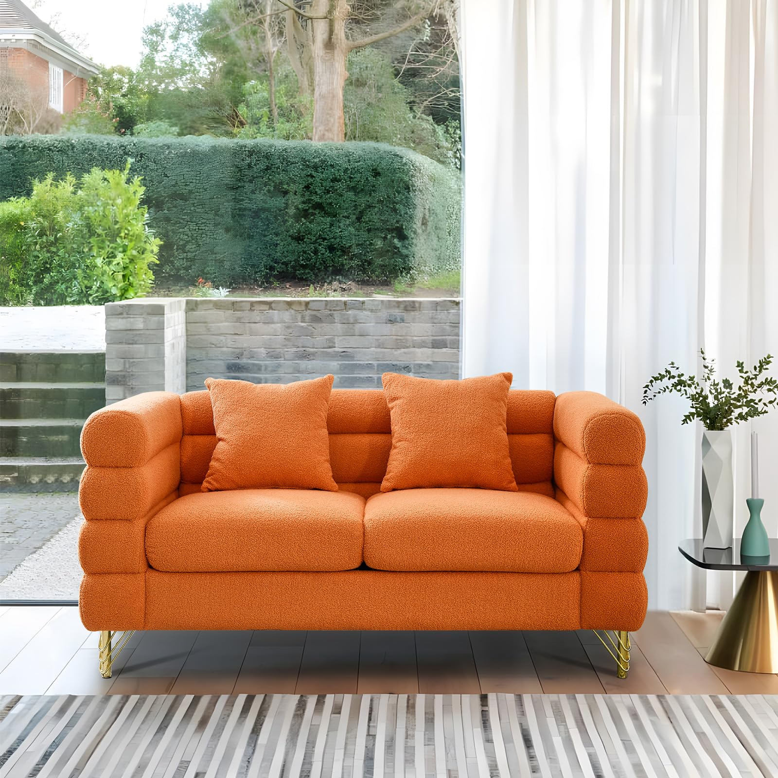 Deolme 60" W Teddy Orange Loveseat Sofa Couch with Firm Strcuture & Thicken Sponge Comfy Love Seat Couches Sleeper for Living Room Bedroom Small Spaces Mid-Century Modern Furniture