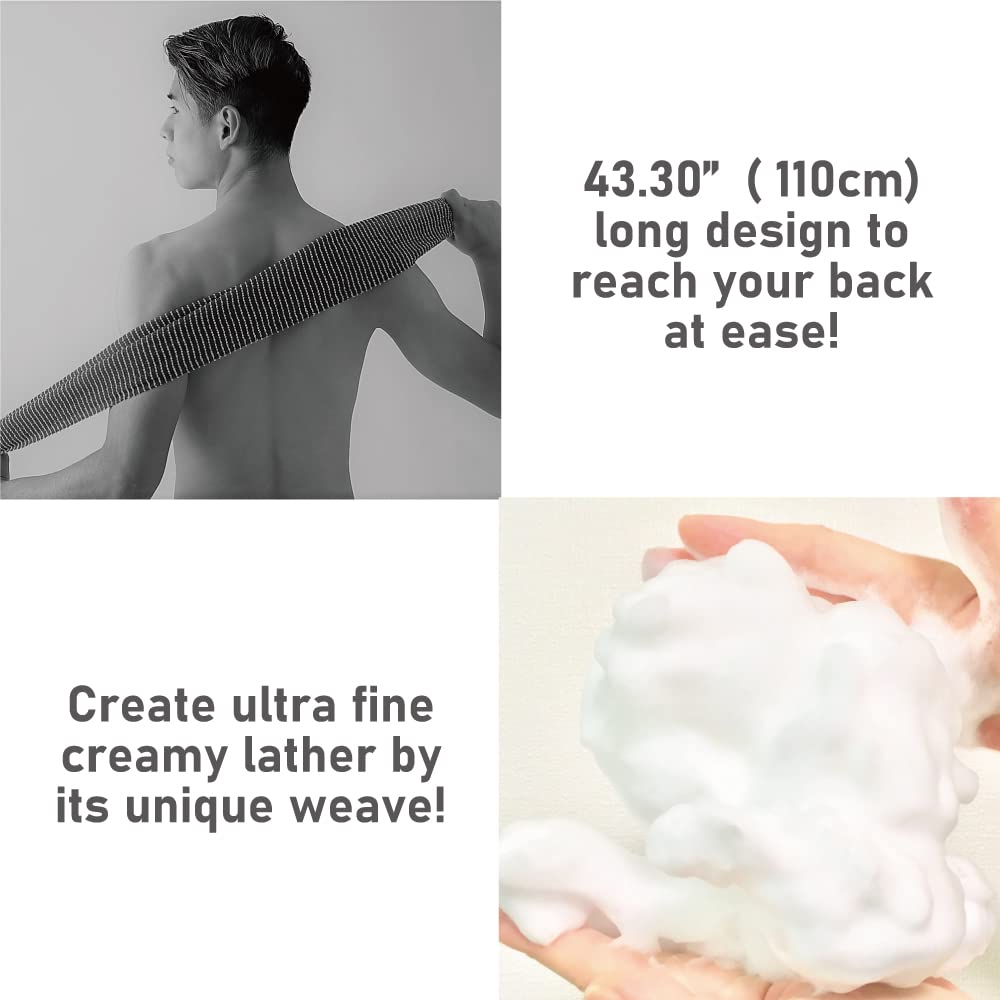 Exfoliating Washcloth [Made in Japan] Extra Long Exfoliating Towel Special Texture Makes Fluffy Foam Lather, Back Scrubber, Dead Skin Cell Remover, Loofah for Women and Men (Black)