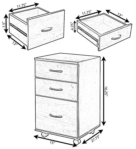 Basicwise Office File Cabinet 3 Drawer Chest with Rolling Casters, Cherry