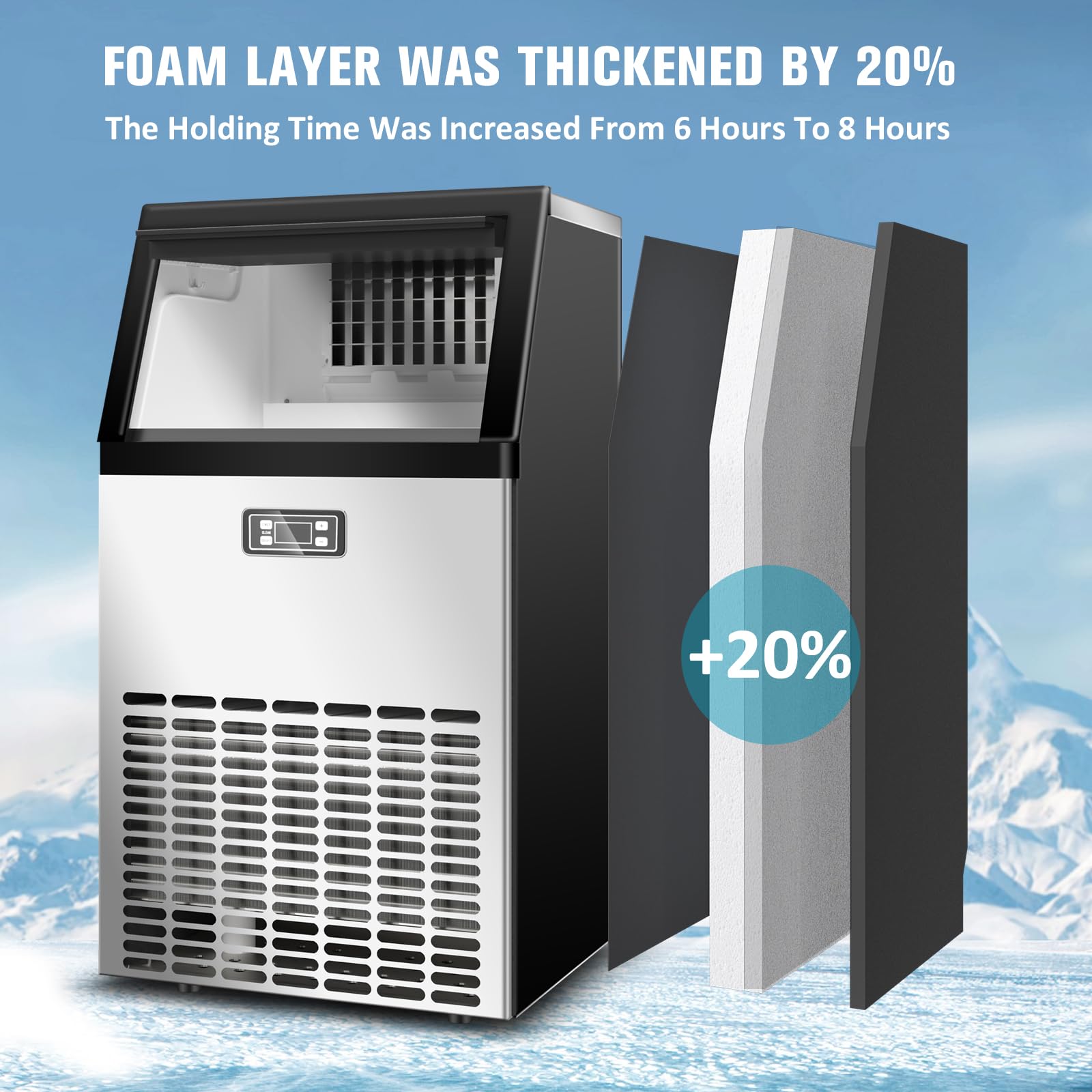 Erivess 120 lbs/24H Commercial Ice Maker,48 Cubes/11mins, 33 lbs Ice Storage Capacity, Counter Ice Maker Self Cleaning, 24 Hour Timer Stainless Steel Freestanding Ice Maker Machine (120lbs/day)
