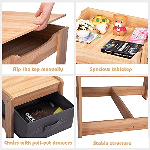 Nyeekoy 3 in1 Multifunctional Wood Table and 2 Chairs Set, White and Gray Children Activity Desk for Toddlers Playing, Drawing, Reading