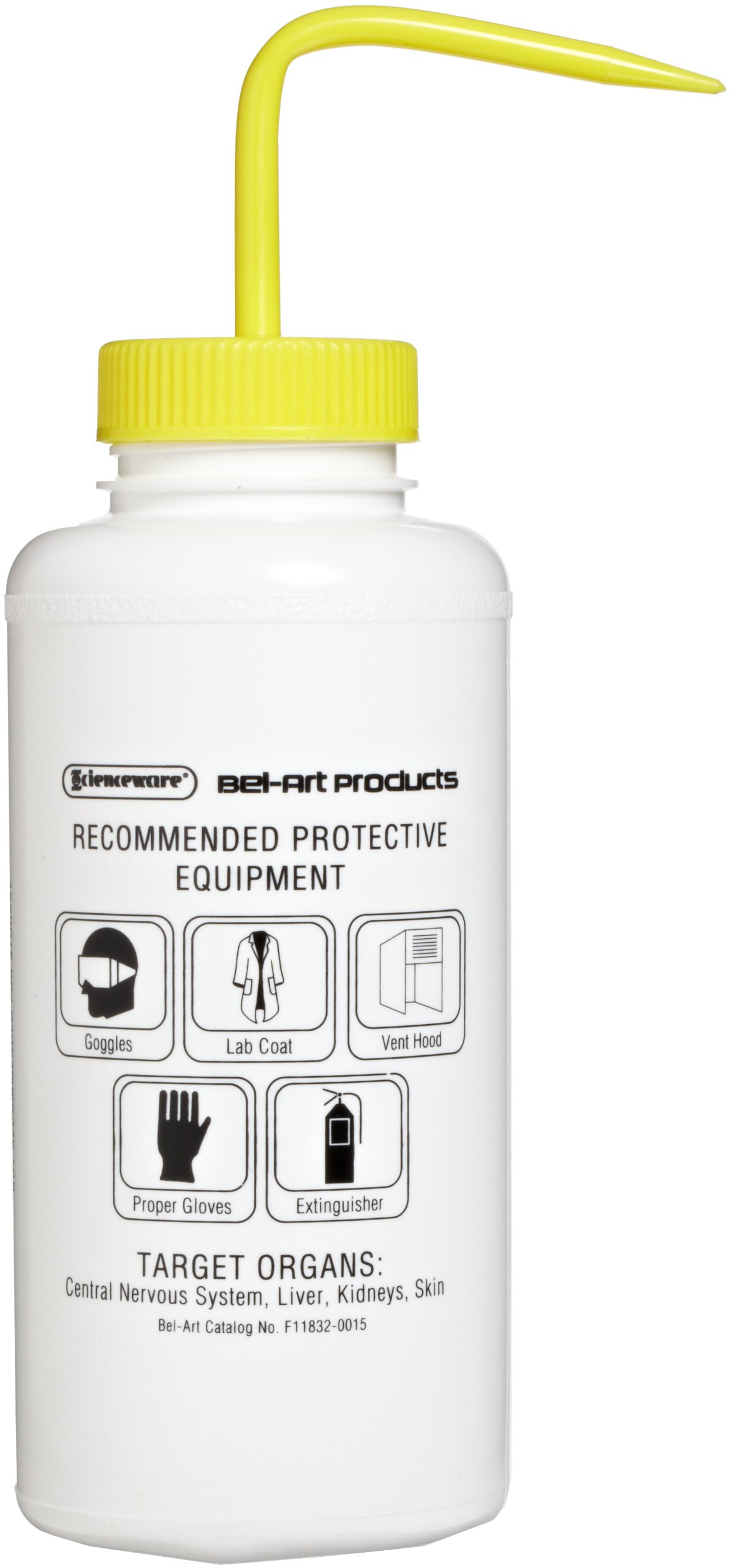SP Bel-Art Right-to-Know Safety-Vented/Labeled 4-Color Sodium Hypochlorite (Bleach) Wide-Mouth Wash Bottles; 1000ml (32oz), Polyethylene w/Yellow Polypropylene Cap (Pack of 2) (F11832-0015)