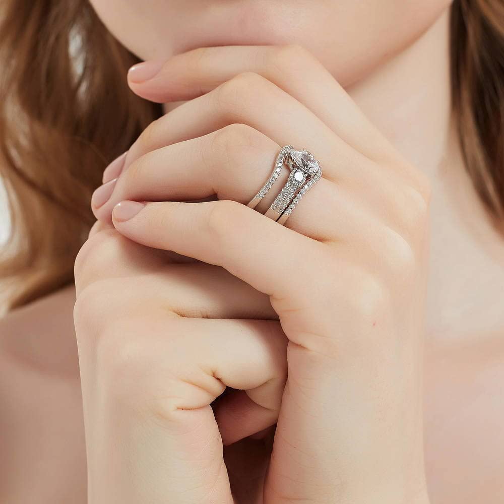BERRICLE Sterling Silver 3-Stone Wedding Engagement Rings Pear Cut Cubic Zirconia CZ Ring Set for Women, Rhodium Plated Size 7