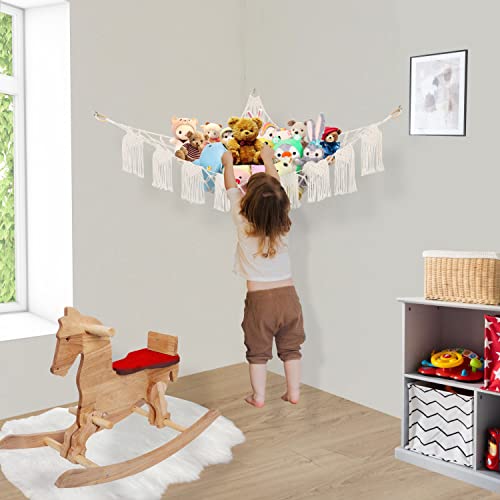 Zeesa Stuffed Animal Net or Hammock, Boho Hanging Net Storage with Macrame, Corner Toy Net Holder for Plush Toys Display, Beige