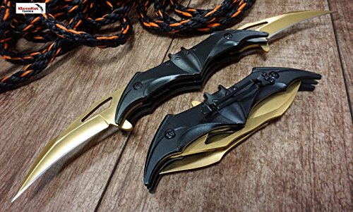 Dark Knight Bat Spring Assisted Open Folding Double Blade Dual Twin 3 Colors Pocket Knife Tactical Belt Clip Black Gold Rainbow Knives Great Gift (Gold)