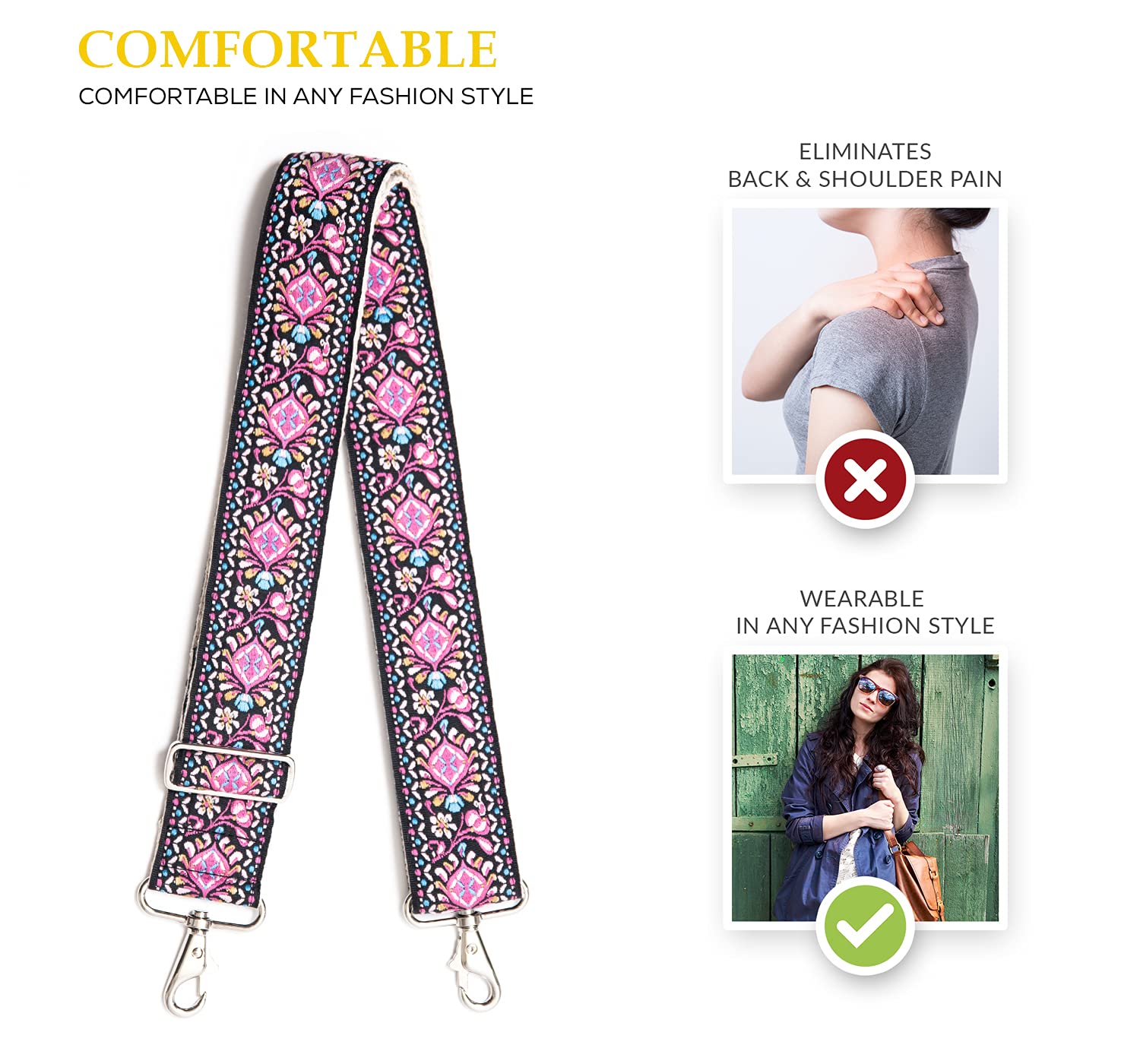 Pink Cotton Handbag Strap & Purse Strap Replacement - Jacquard Woven Embroidered Guitar Strap Styled Shoulder & Crossbody Strap - Adjustable Bag Strap For Tote And Messenger Bags – Silver Hardware