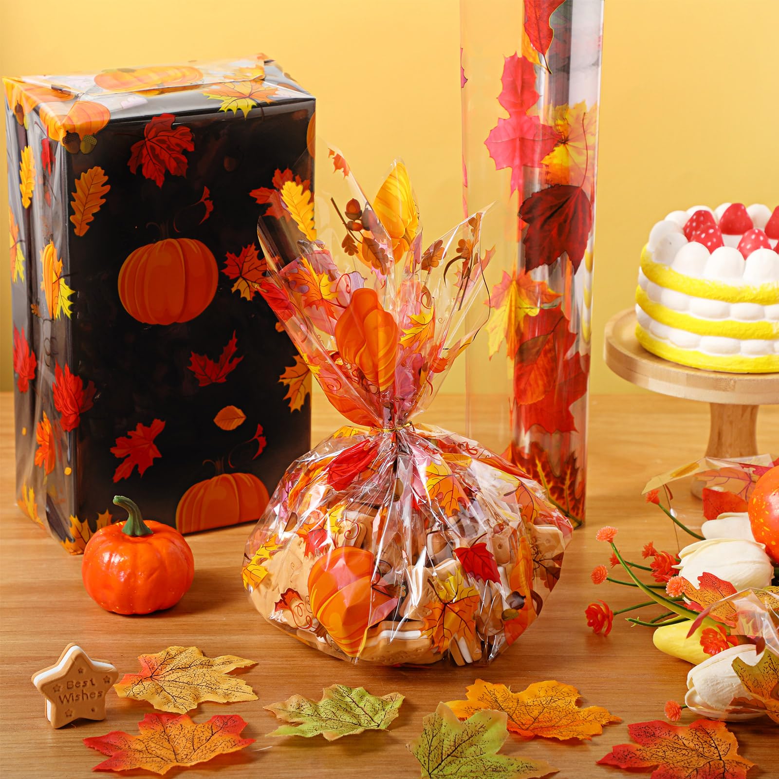 Fall Cellophane Wrapping Paper 100 ft x 16 Inch 2.5 Mil Thick Cello Wrap Roll Crystal Clear Autumn Theme Paper Wrapper Pumpkin Maple Leaf Cellophane Gift Wrap for Treat Small Basket Craft Flowers