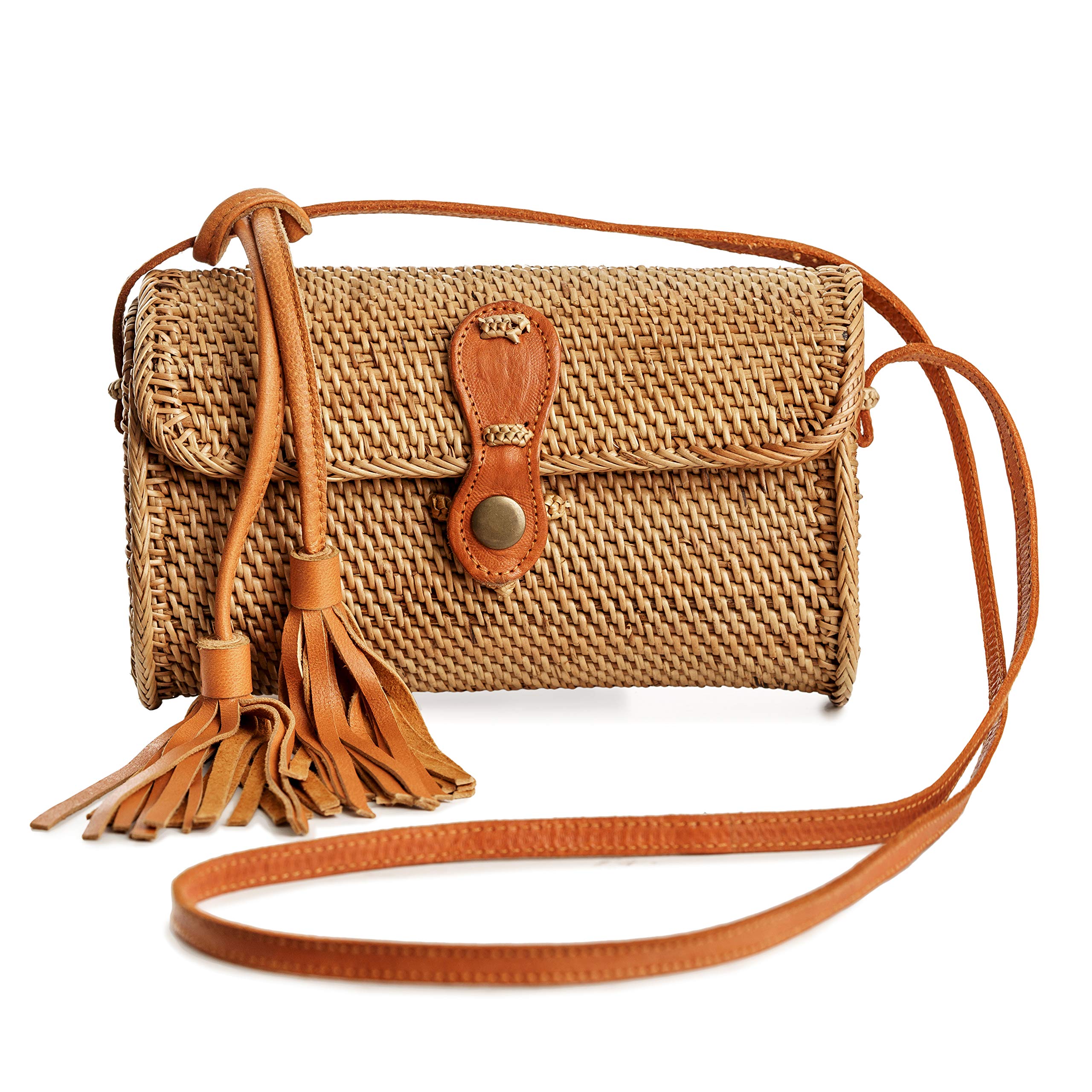 Rattan Bags for Women - Handmade Wicker Woven Purse Handbag Circle Boho Bag Bali 8" x 3" x 5" (20cm x 7cm x 12cm)