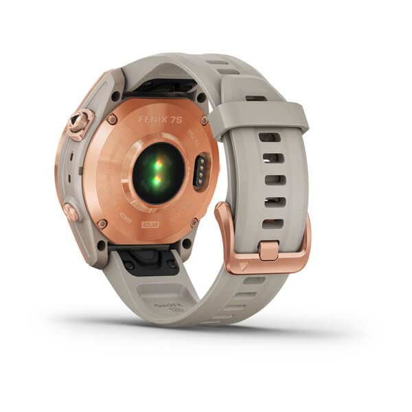 Garmin Fenix 7S Solar Edition Smart Watch Rose Gold with Light Sand Band (42mm) + Watch Charging Stand + USB Car/Wall Adapter + 6TH AVE Cleaning Kit (010-02539-10)