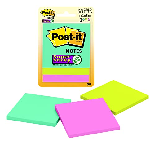 Post-it Super Sticky Notes, 3x3 in, 4 Pads, 2x the Sticking Power, Supernova Neons, Neon Colors, Recyclable(3321-SSAN-B)