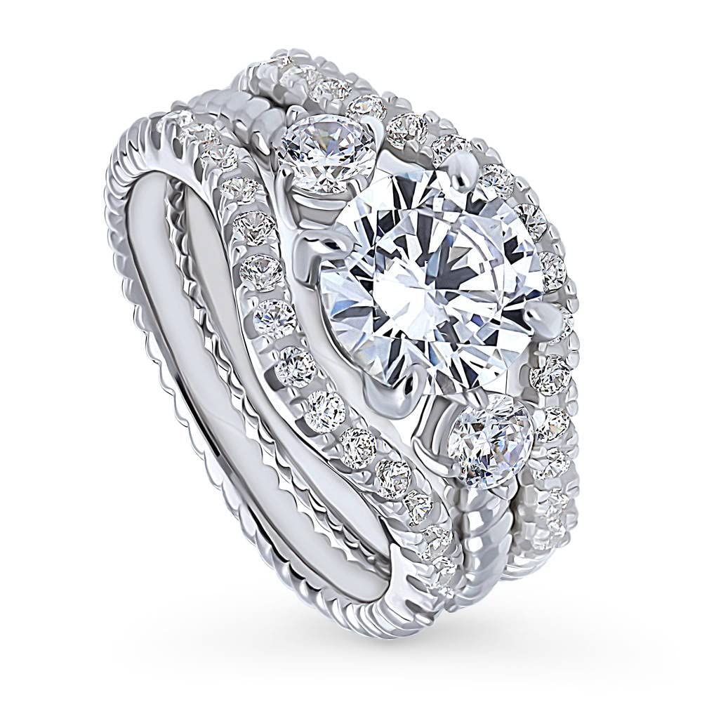 BERRICLE Sterling Silver 3-Stone Wedding Engagement Rings Round Cubic Zirconia CZ Woven Ring Set for Women, Rhodium Plated Size 7