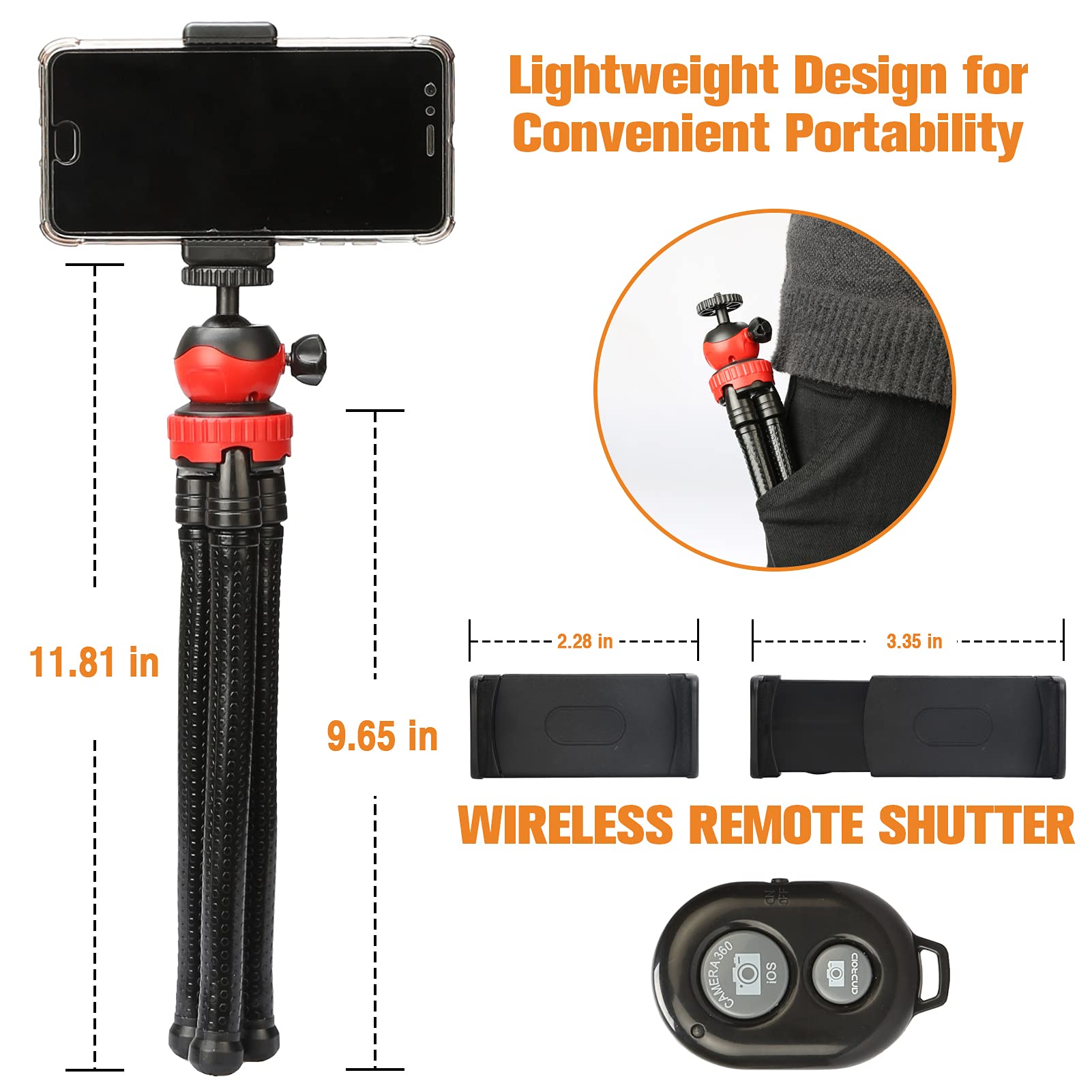 Bendable Tripod for iPhone, Mini Flexible Tripod, Bendy Tripod for Camera/DSLR/Gopro, Nikon/Canon Vlogging Tripod with Wireless Remote Control, Phone Clamp & Bendable Octopus Legs