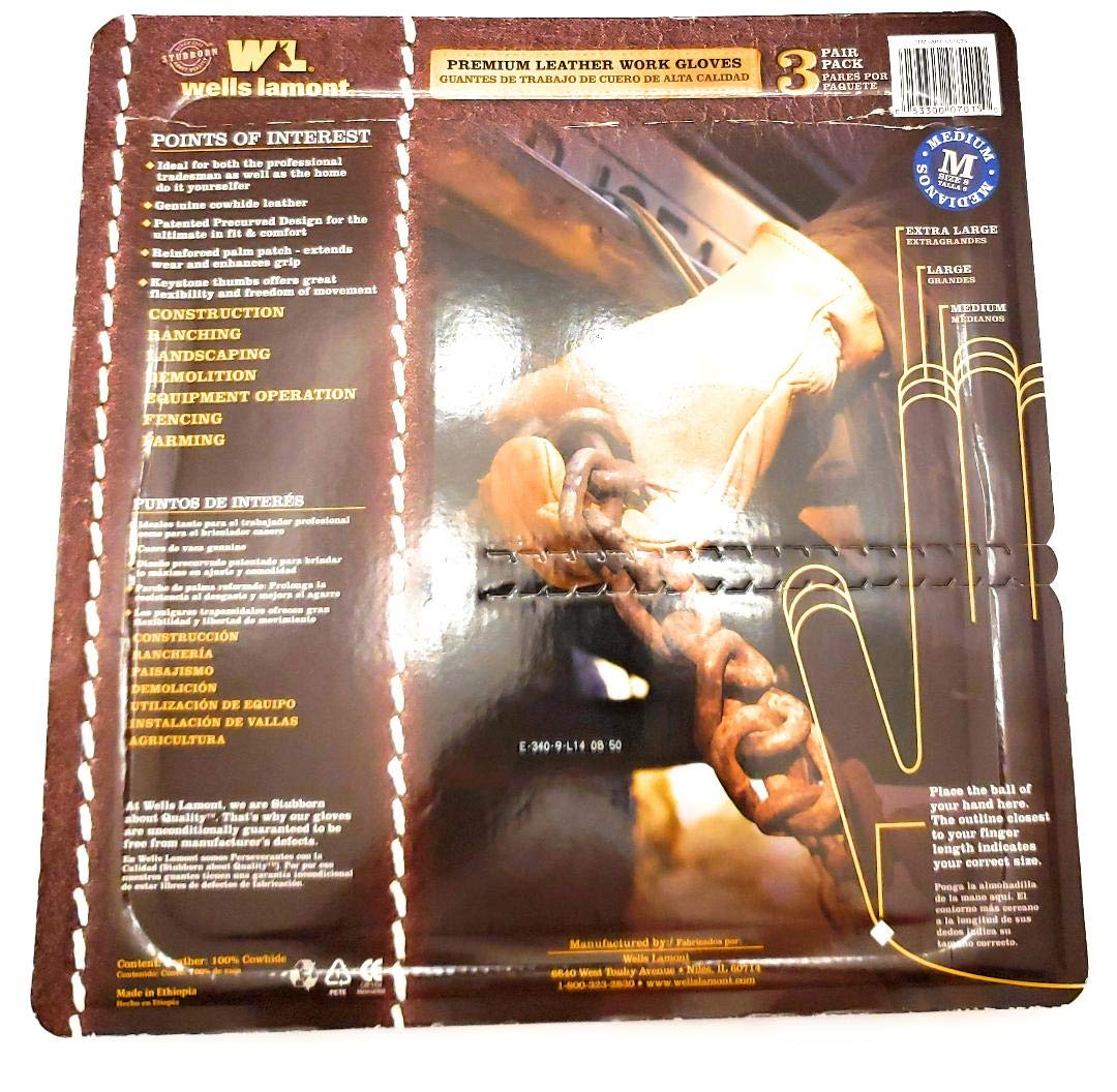 Wells Lamont Premium Leather Work Gloves 3 Pair Pack - Medium