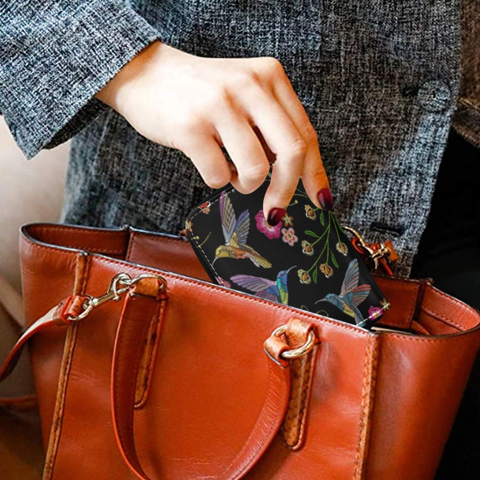 MOYYO RFID Credit Card Holder Case Beautiful Hummingbirds Exotic Flowers Leather Printed Zipper Card Case Wallet for Women Girls