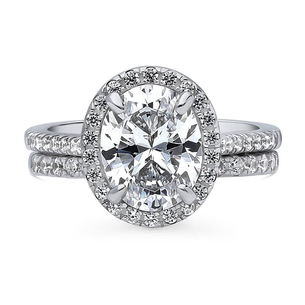 BERRICLE Sterling Silver Halo Wedding Engagement Rings Oval Cut Cubic Zirconia CZ Ring Set for Women, Rhodium Plated Size 7