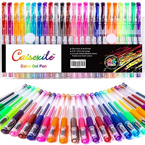 CAISEXILE 24 Coloring Glitter Gel Pens come with 24 Free Matched Refills, Artist Drawing Pens, for Adult Coloring Sketching Doodling Writing