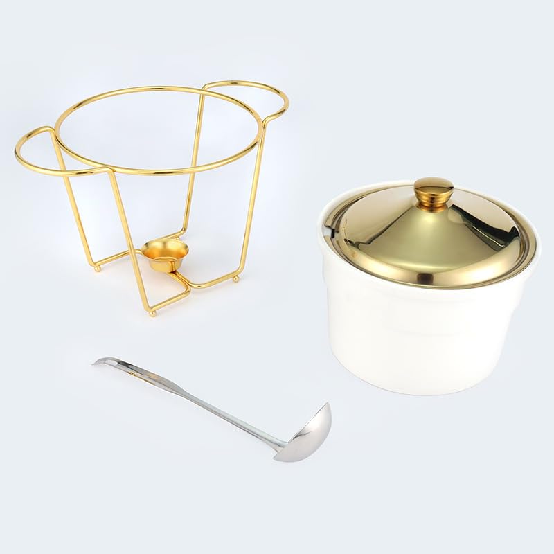 HONHPD Luxury Golden Stainless Steel Ceramics Chafing Dish with Spoon Dish Buffet Server Food Warmer Chafing (4-Quart Capacity)