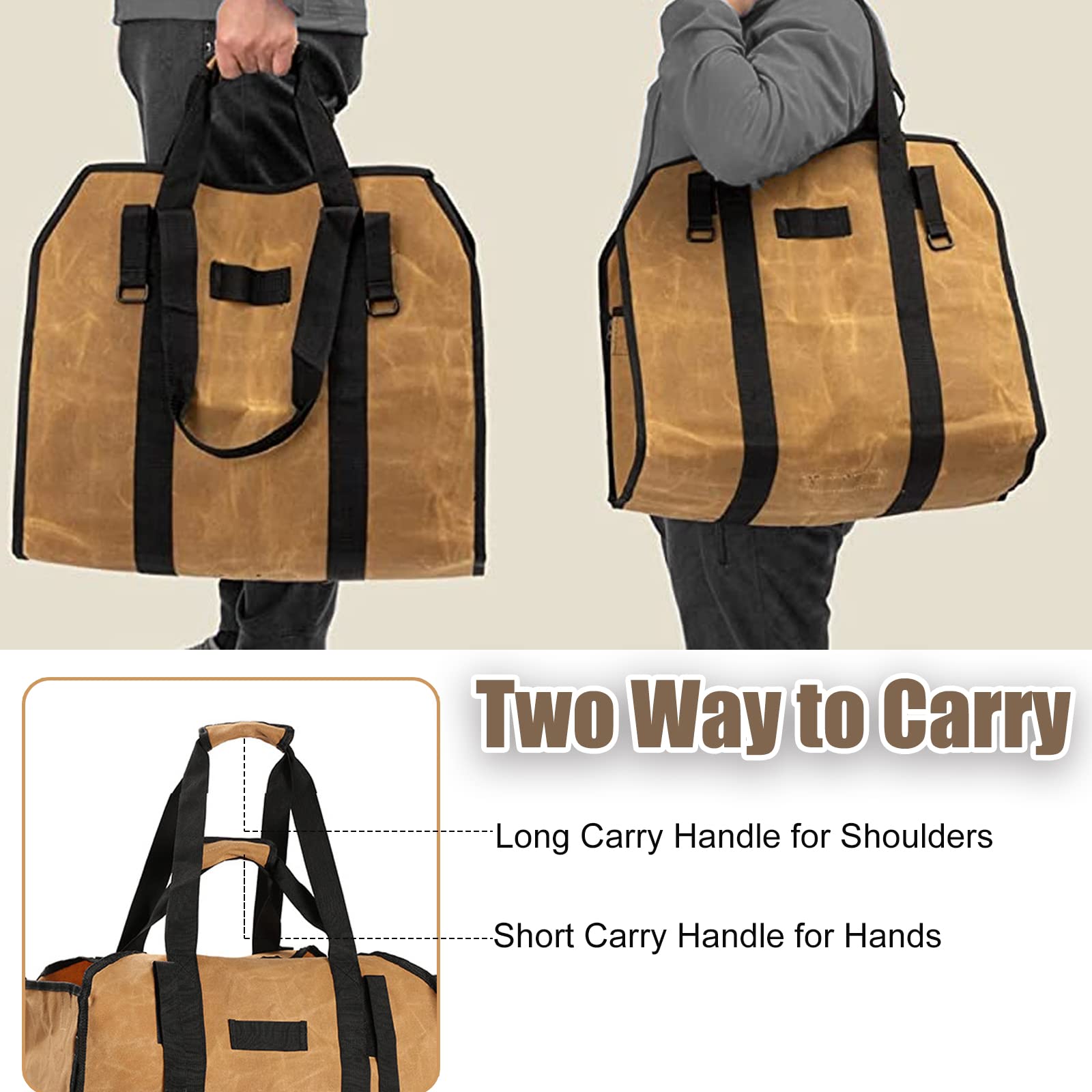 TINY SPARK Large Firewood Tote Log Carrier 2-Way to Carry Waxed Canvas Firewood Carrying Bag Indoor Fire Pit Fireplace Wood Log Case for Outdoor Camping (Khaki)
