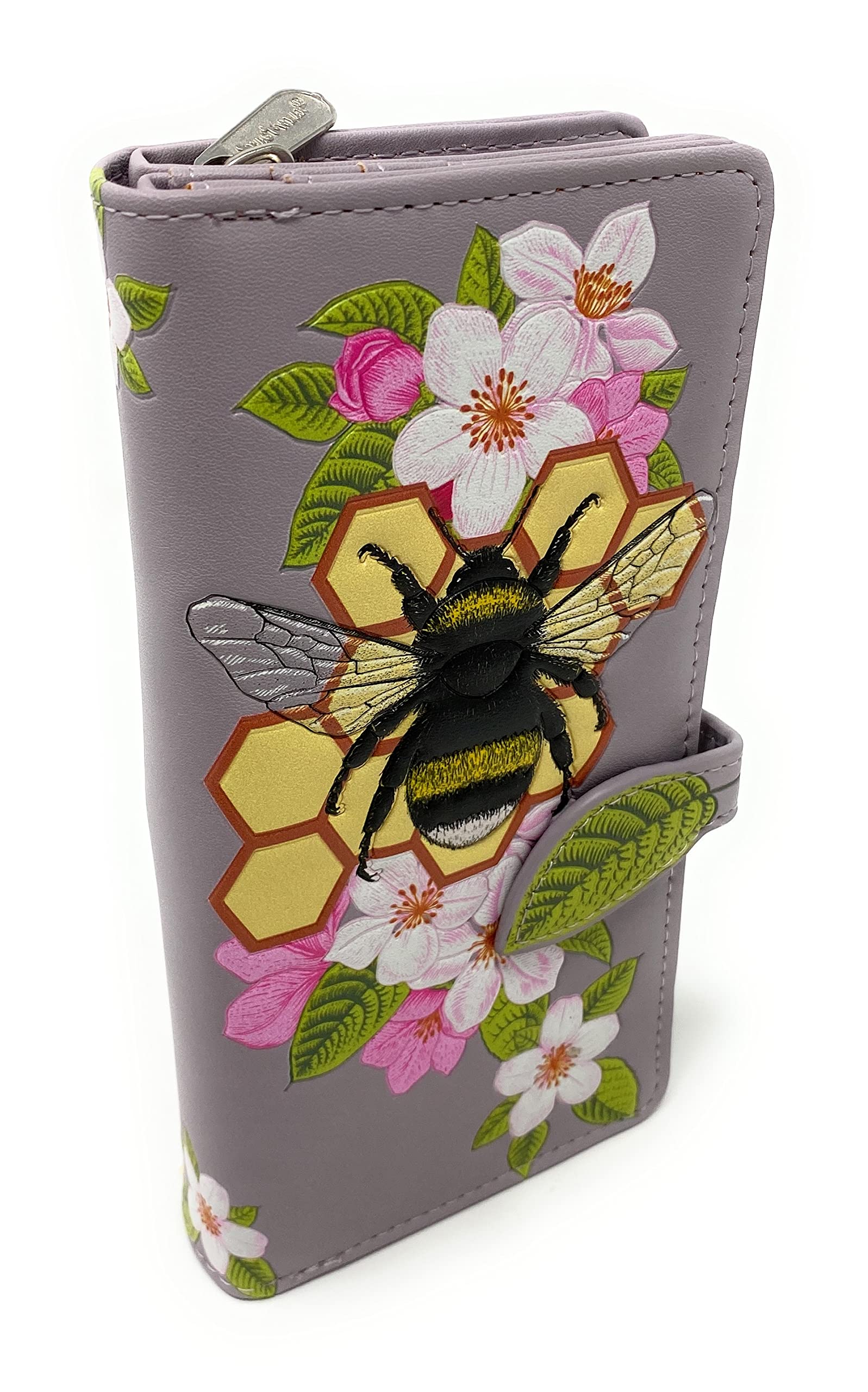Shag Wear Bumblebee Tattoo Large Insect Wallet for Women and Teen Girls Vegan Faux Vegan Leather 7" Purple