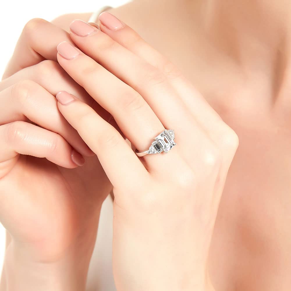 BERRICLE Sterling Silver 3-Stone Wedding Engagement Rings Emerald Cut Cubic Zirconia CZ Ring for Women, Rhodium Plated Size 8