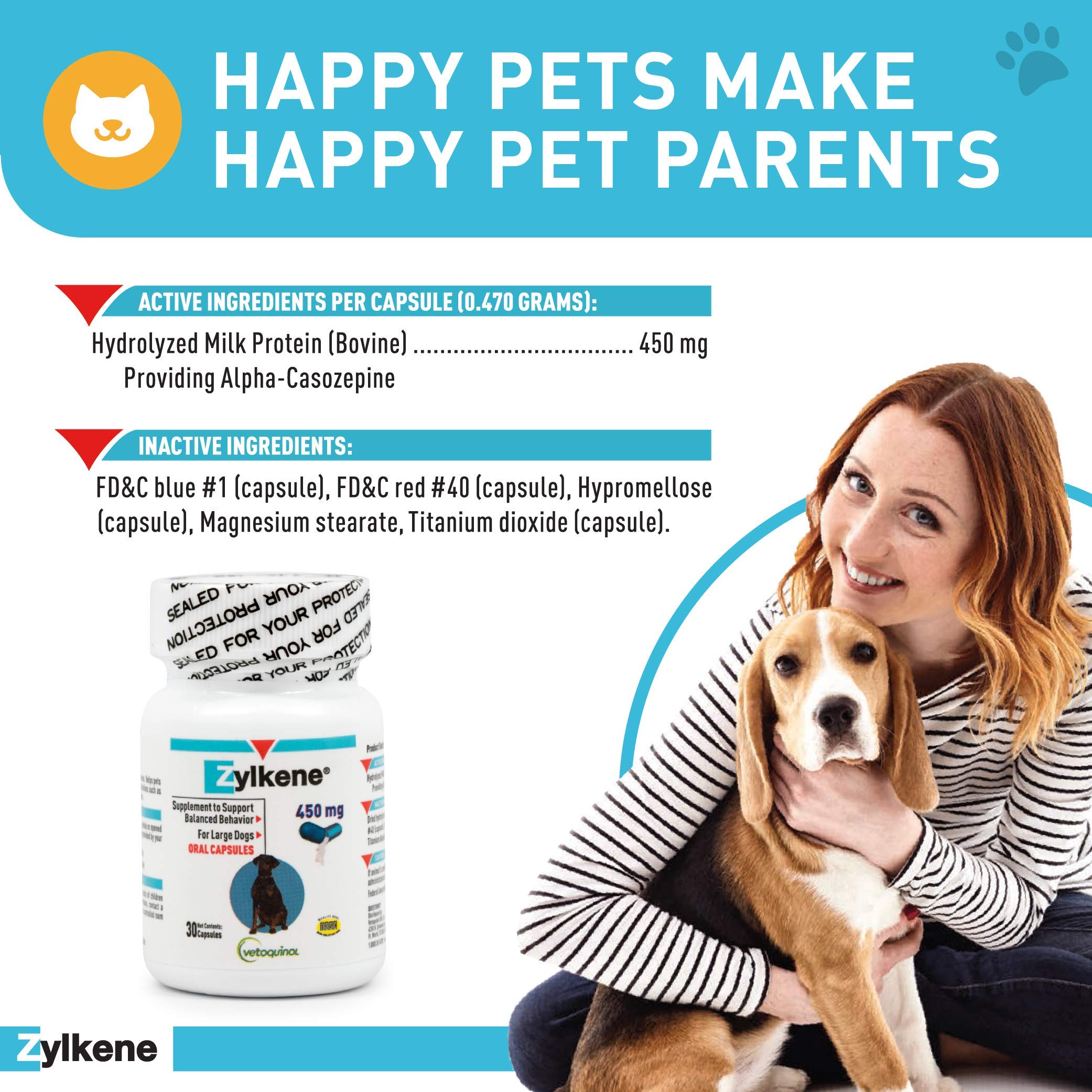 Vetoquinol Zylkene Behavior Support Capsules for Large Dogs 33-132lbs, Calming All Natural Milk Protein Supplement, Helps Relieve Dog Anxiety During Fireworks and Thunder, 450mg