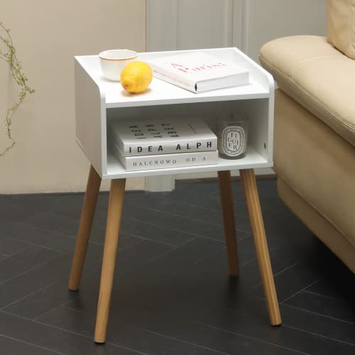 MaxSmeo White Nightstand, Small Bed Side Table for Small Spaces,Mid Century Modern Nightstand End Table with Storage and Solid Wood Legs for Bedroom Living Room(White)