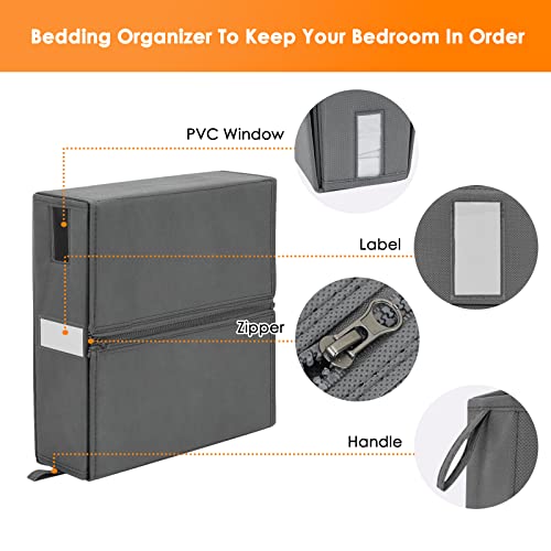 Fixwal 3 Pack Bedding Organizer Storage Bins Foldable Storage Containers with Sturdy Fabric Collapsible Zipper Boxes for Sheet Set or Duvet Cover Set (Full, Twin, Queen Size)