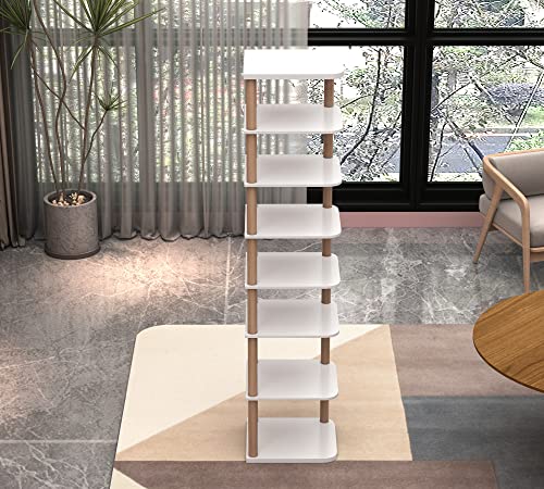 LUCKNOCK 8 Tiers Vertical Shoe Rack, Narrow Organizer, Stylish Wooden Shoe Storage Stand, Space Saving Shelf Tower, Free Standing for Entryway, No-Tool Assembly, White.