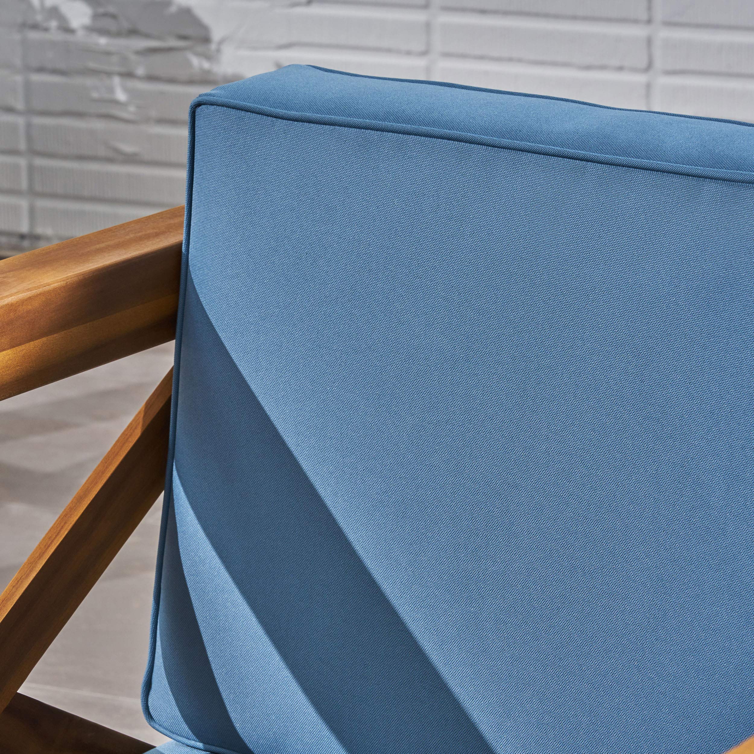 GDFStudio Outdoor Acacia Wood Club Chairs with Cushions (Set of 2), Teak Finish and Blue
