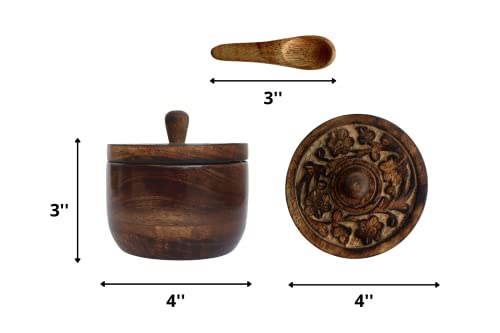 Rustic Salt Box Cellar with Hand Carved Lid & Spoon, Wooden Salt Pinch Bowls | Wood Salt Keeper, Spice Bowls for Cooking | Salt Pepper Tea Sugar Coffee Storage Holder for Kitchen, Mothers Day Gift