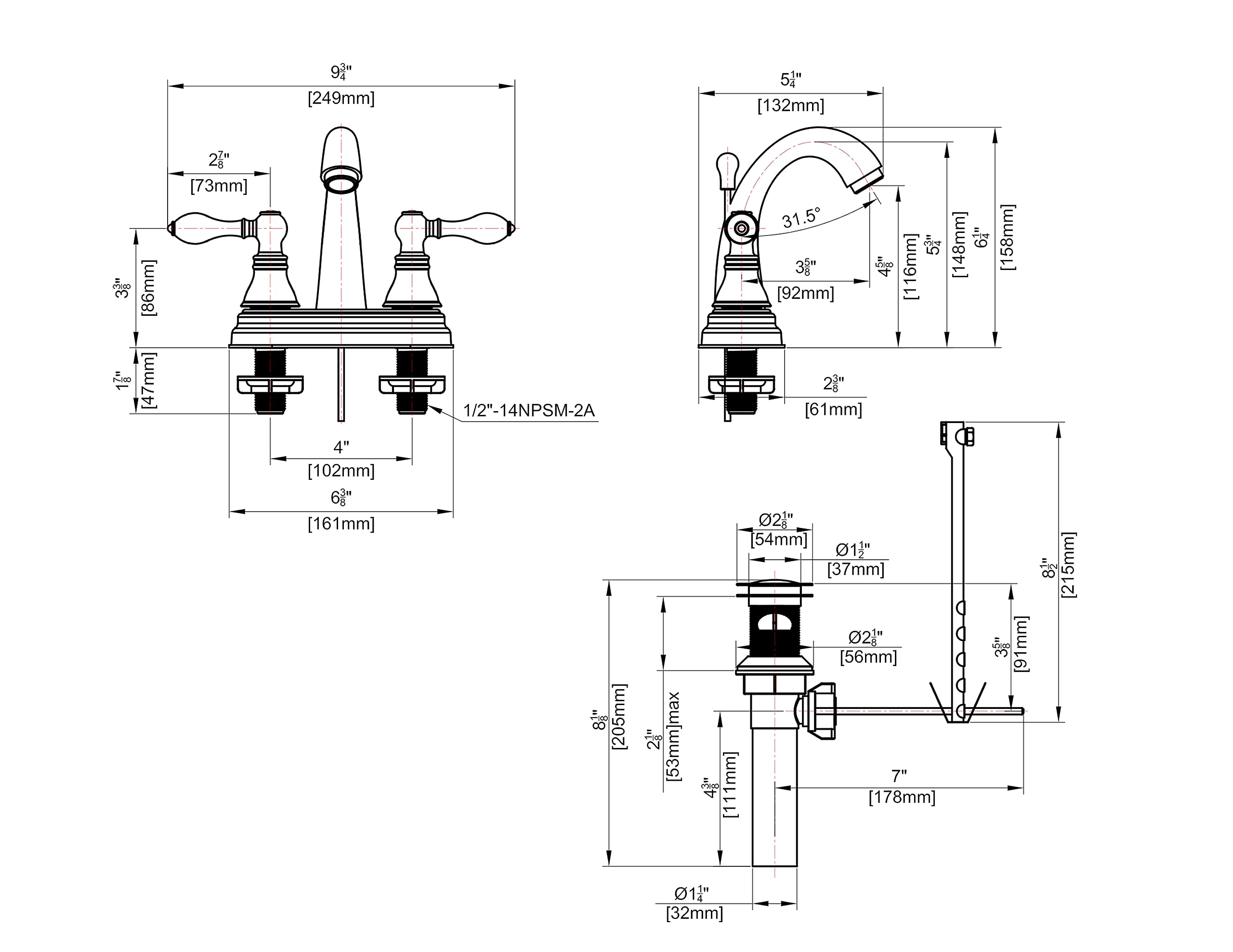 Derengge Brushed Nickel Bathroom Faucet 4 Inch Bathroom Sink Fucet with Pop-up Drain,Two Handle Lavatory Faucet for 3 Hole Installation,WF-8008TB-BN