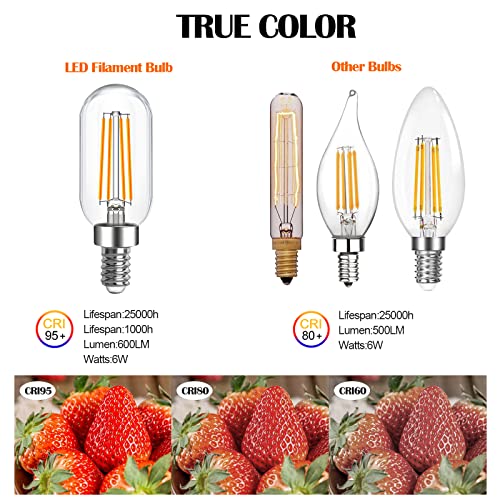 E12 LED Light Bulb 6W Dimmable 60W Equivalent 6-Pack, T6 T25 E12 Candelabra Bulb 600LM LED Filament Bulbs 2700K Warm White with Clear Glass for Chandeliers, Ceiling Fan,Pendant,Wall Sconce,CRI 95+