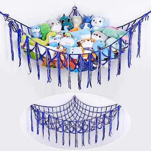 Basumee Stuffed Animals Net or Hammock Toy Storage Organizer Toy Hammock Hanging Stuffed Animals Storage Holder with Tassels for Nursery Kids Bedroom Room Wall Décor, Blue