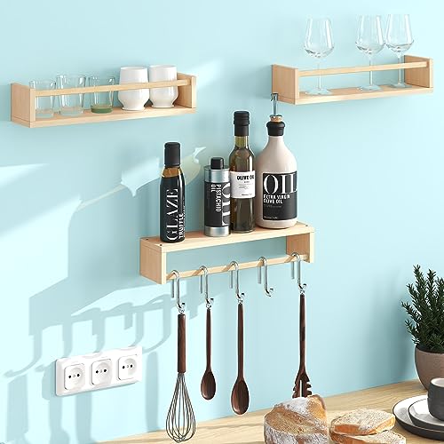 Fixwal Nursery Book Wall Shelves, 16.5 Inch Floating Bookshelves for Wall Set of 3, Baby Nursery Decor, Solid Wood Wall Mounted Shelves for Books, Toys and Decor Storage (Natural Wood)