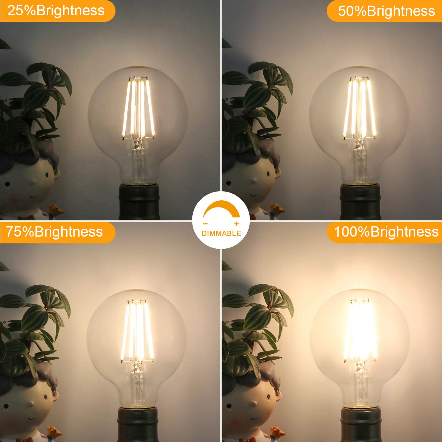 Boncoo G25 Round Light Bulb Dimmable LED Globe Bulb 60W Equivalent 2700K Soft White 600LM 6W Led Edison Bulb E26 Base Led Filament Bulb Decorative Vanity Bulbs for Makeup Mirror, Bathroom, 4 Pack