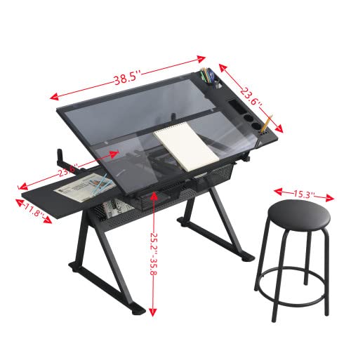 Lamerge Glass Drafting Table with Stool, Drawing Desk for Adults/Artists 2 Storage Drawers,Height Adjustable 0-75° Tilting Home Office, Black (Drafting Table001)