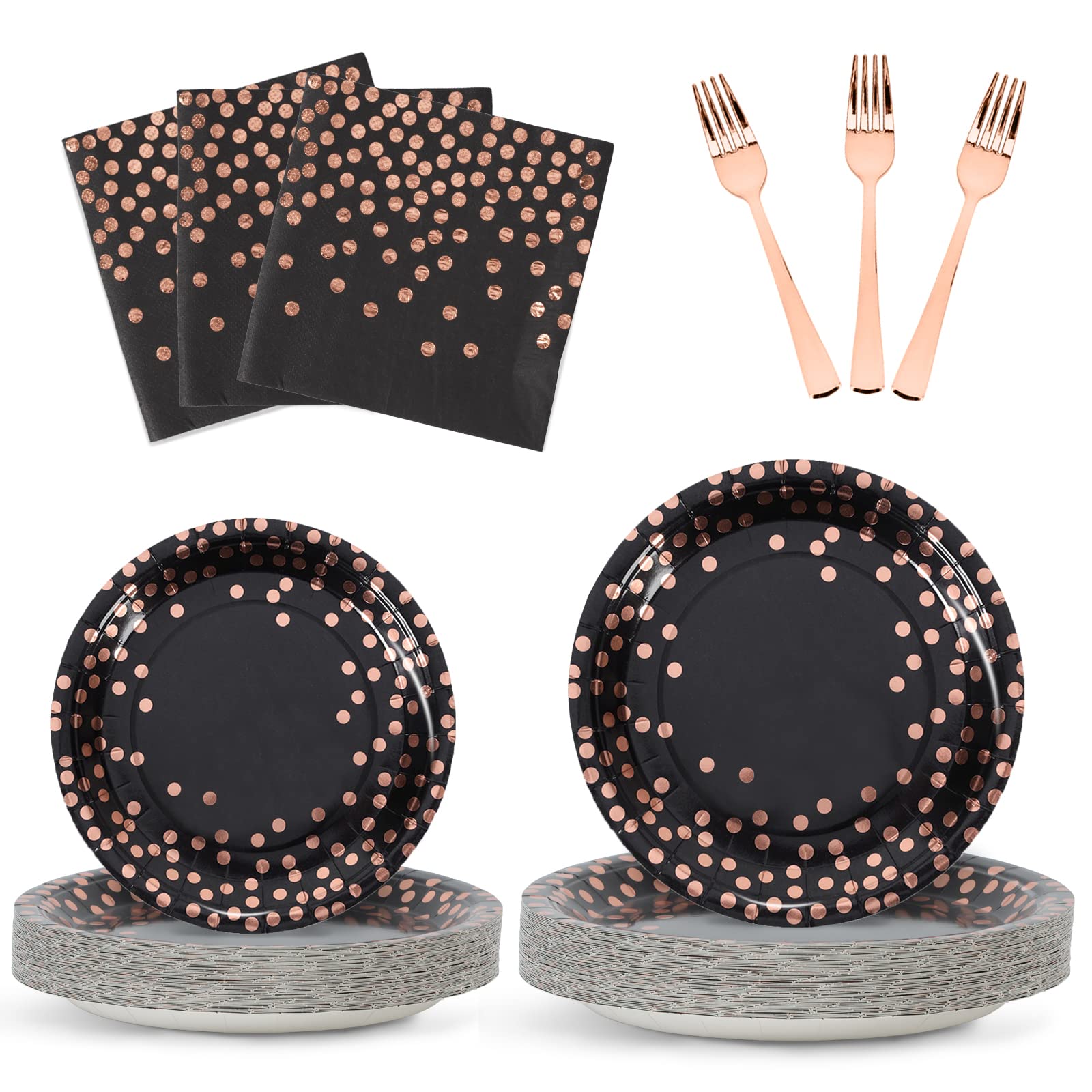 CENLBJ Black and Rose Gold Party Supplies,Disposable Party Dinnerware,Black Rose Golden Dot Paper Plates,Napkins,Forks forWeddings Birthday Graduation Decor Serve 25