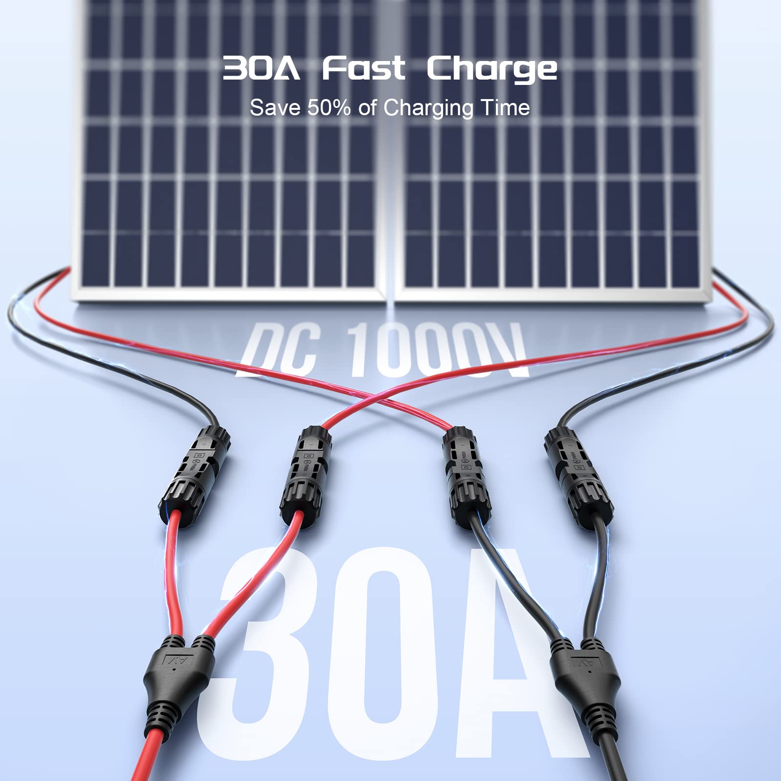 Bateria Power Solar Cable Connectors 30A Solar Panel Extension Wire, 10AWG (6mm²) Solar Cable Parallel Adaptor with Male and Female Connectors for RV Solar Panels
