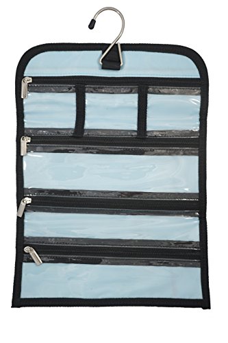 Simplily Co. 8" x 11" Hanging Travel Jewelry & Accessories Organizer Roll Bag (Black & White Paisley Print Exterior & Blue Interior)
