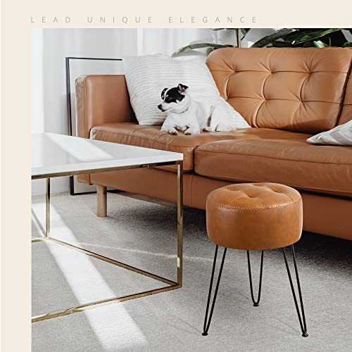 LUE BONA Faux Leather Vanity Stool Chair for Makeup Room, Brown Stool for Vanity, 19” Height, Tufted Small Vanity Chair Stool with Metal Legs, Modern Foot Stool Ottoman for Bedroom, Living Room