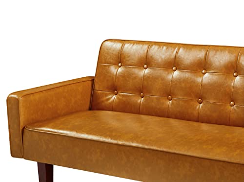 Eafurn 74.41" Faxu Leather Upholstered Futon Bed, Deep Button Tufted Convertible Folding Sleeper Solid Wood Legs, 3 Seater Comfy Soft Sofa & Couches for Living Room Office, Brown PU