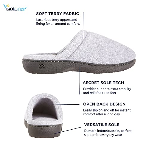 isotoner Women's Terry Slip On Clog Slipper with Memory Foam for Indoor/Outdoor Comfort, Heather Grey Rounded, 9.5-10