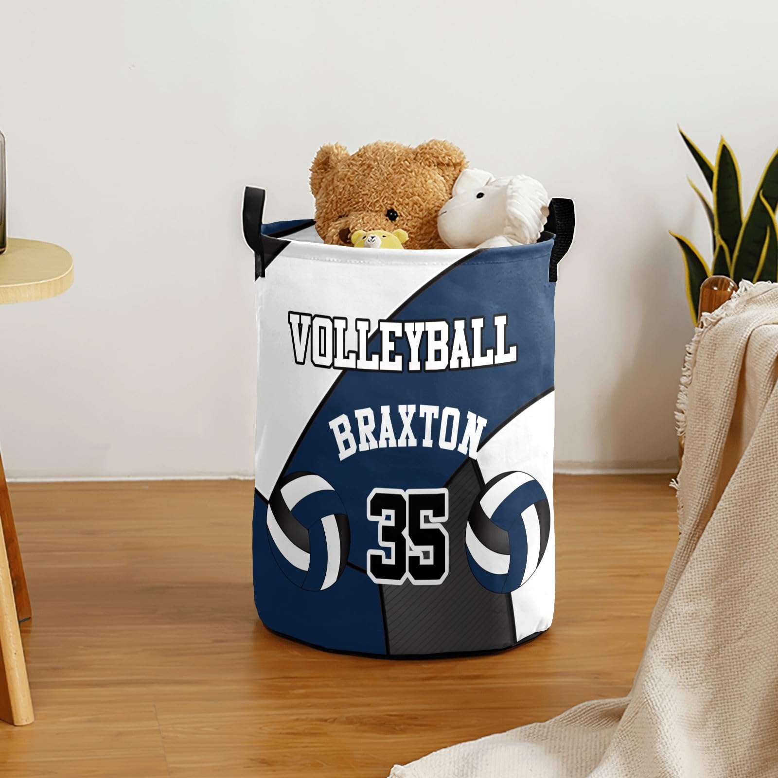 Custom Name Collapsible Laundry Basket,Navy Volleyball Sport Laundry Hamper with Handles Waterproof Oxford Laundry Hamper Household Organizer Basket