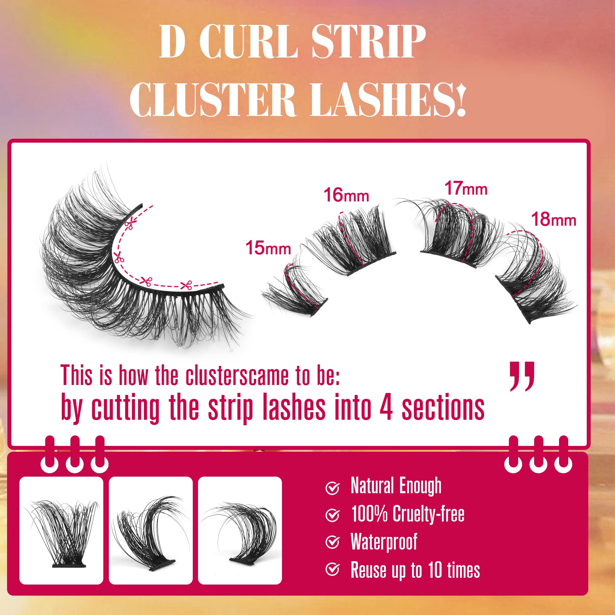 Cluster Mink Lashes Natural Look Fluffy D Curl Strip Eyelashes Extension Russian Eye Lashes Individual Wispy 5D Volume False Eyelashes 8 Pairs DIY Fake Eyelashes ALICROWN