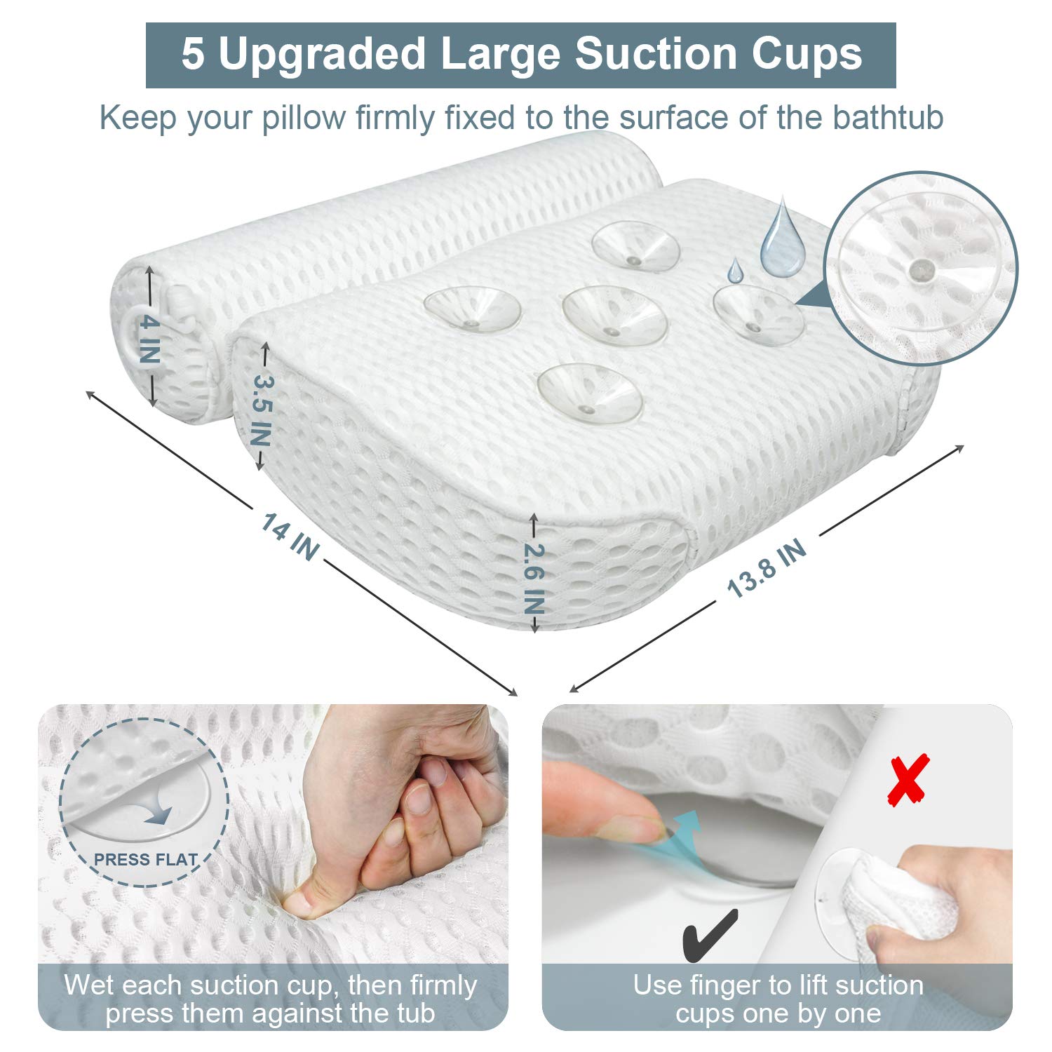 Bath Pillow Bathtub Pillow - Bath Pillows for Tub with Neck, Head, Shoulder and Back Support - 4D Air Mesh Spa Pillow for Bath - Extra Thick, Soft and Quick Dry