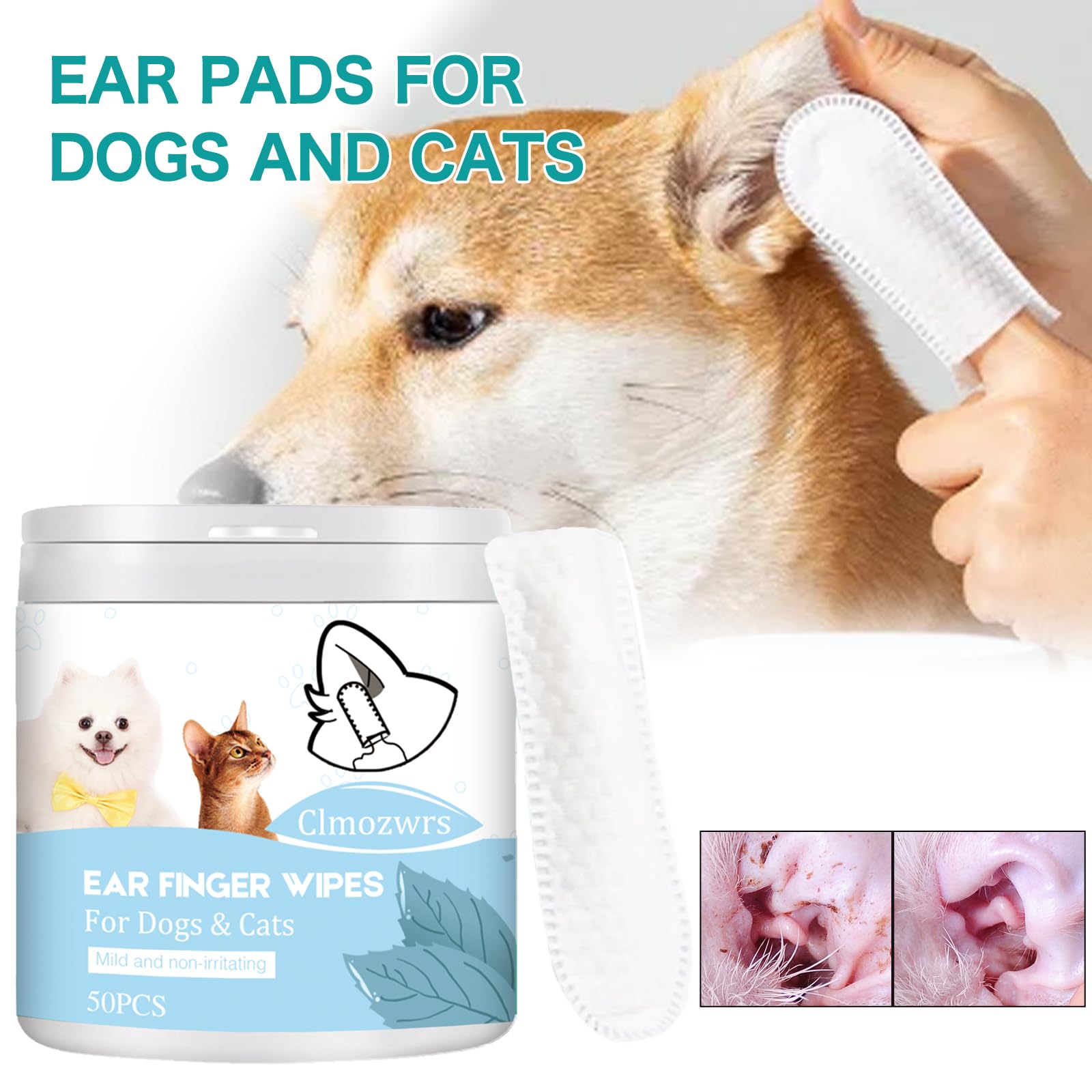 Clmozwrs Ear Finger Wipes for Dogs & Cats - Gently Remove Ear Wax, Debris Sooths Relieve Ear - 50 Count