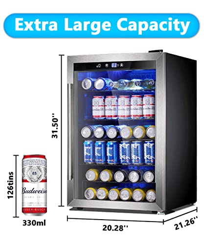 Joy Pebble Mini Fridge Beverage Cooler - 128 Can mini fridge with glass door for Soda Beer or Wine -Drink Dispenser Small Refrigerator with Adjustable Thermostat for Office Home (4.4 cu.ft)
